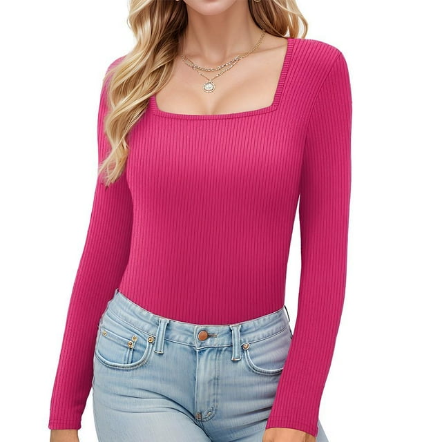 Weardear Womens Long Sleeve Ribbed Top Square Neck Tops 2024 Fashion ...