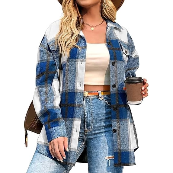 Weardear Womens Plus Size Shacket Jacket Flannel Plaid Long Sleeve ...