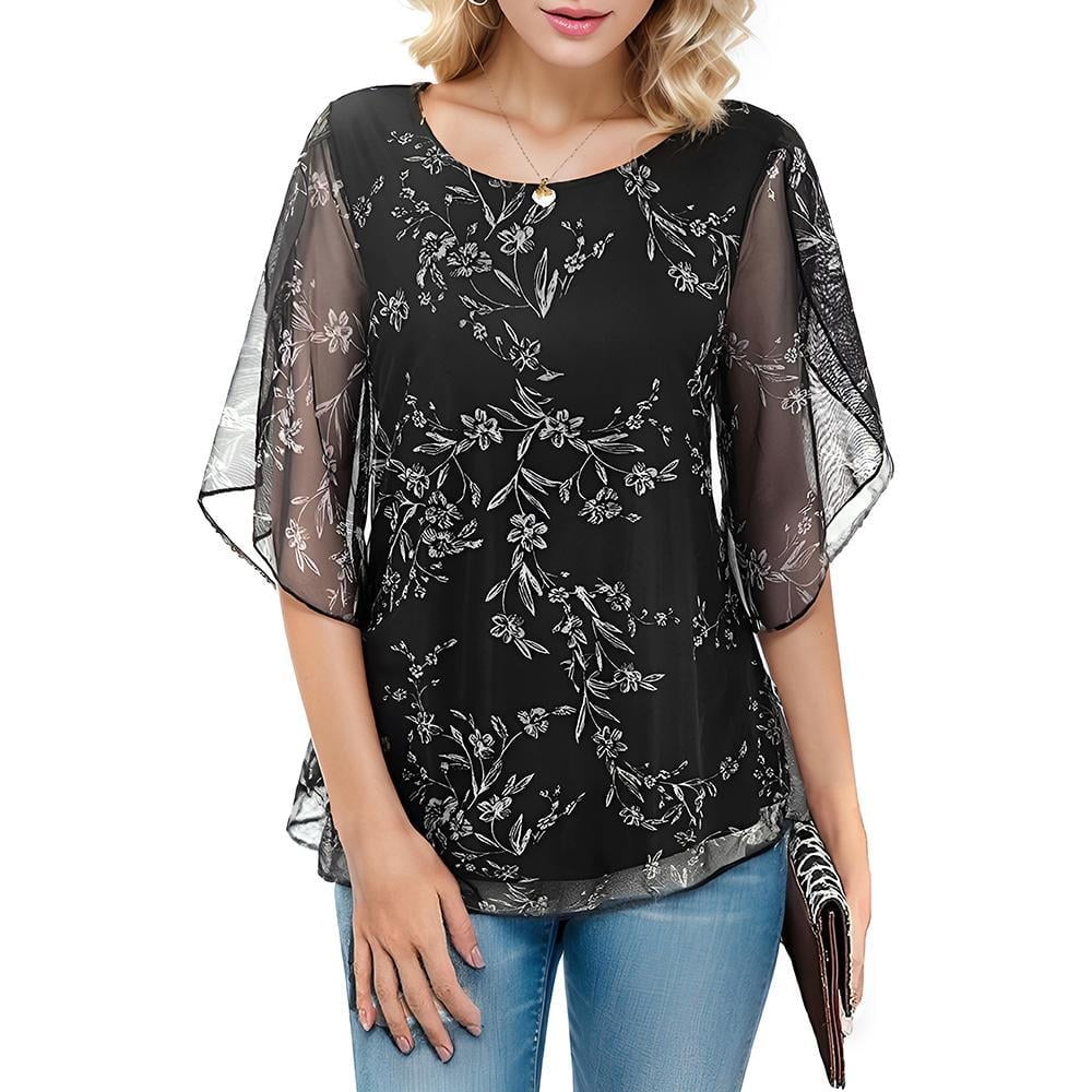 Weardear Womens Tops Ruffle 3/4 Sleeve Mesh Blouses Loose Flowy Tops ...