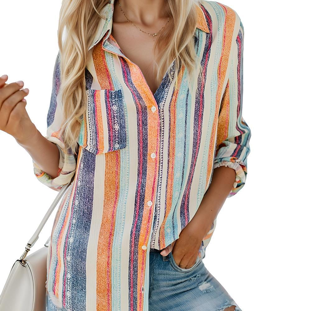 Weardear Womens Striped Button Down Blouse Long Roll up Sleeve Tunic ...
