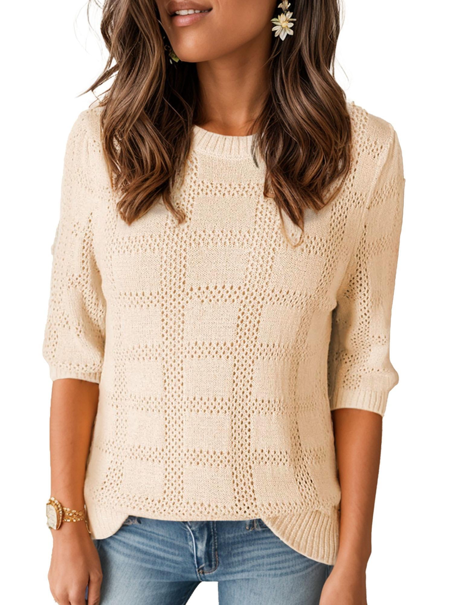 Weardear Womens 3/4 Sleeve Lightweight Crochet Crewneck Sweater Loose ...