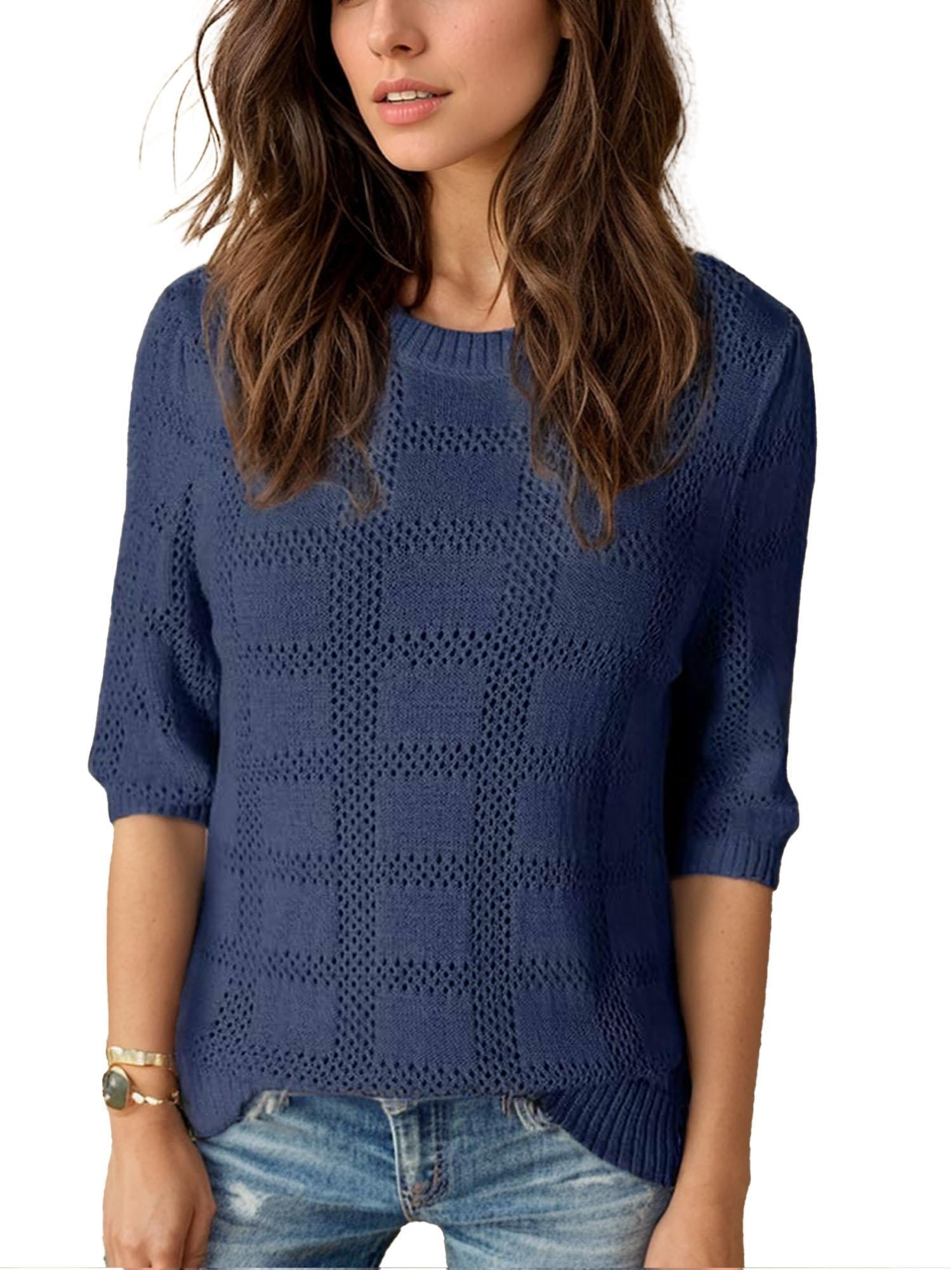 Weardear Womens 3/4 Sleeve Lightweight Crochet Crewneck Sweater Loose ...