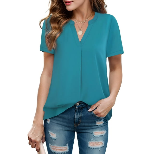 Weardear Womens Work Clothes Short Sleeve Chiffon Blouse V Neck Curved ...