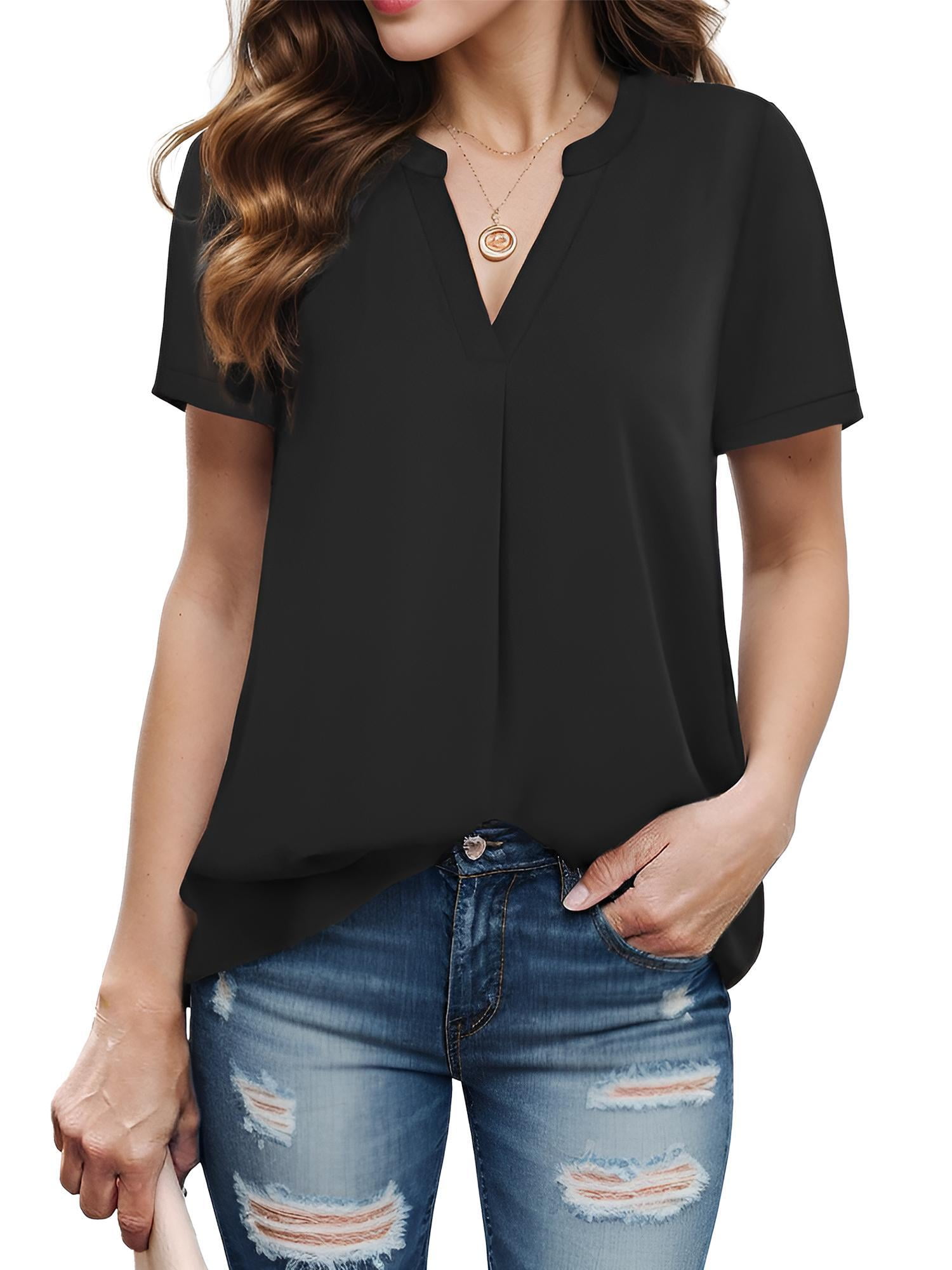 Weardear Womens Work Clothes Short Sleeve Chiffon Blouse V Neck Curved ...