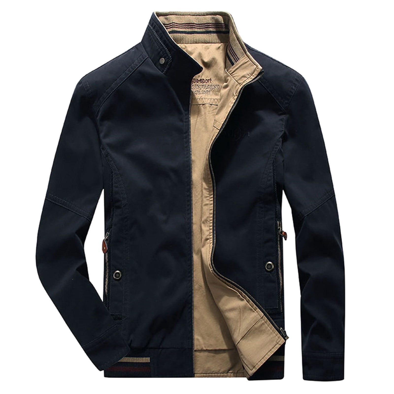 Wearing A Double Jacket With A Standing Collar And Loose Fitting ...