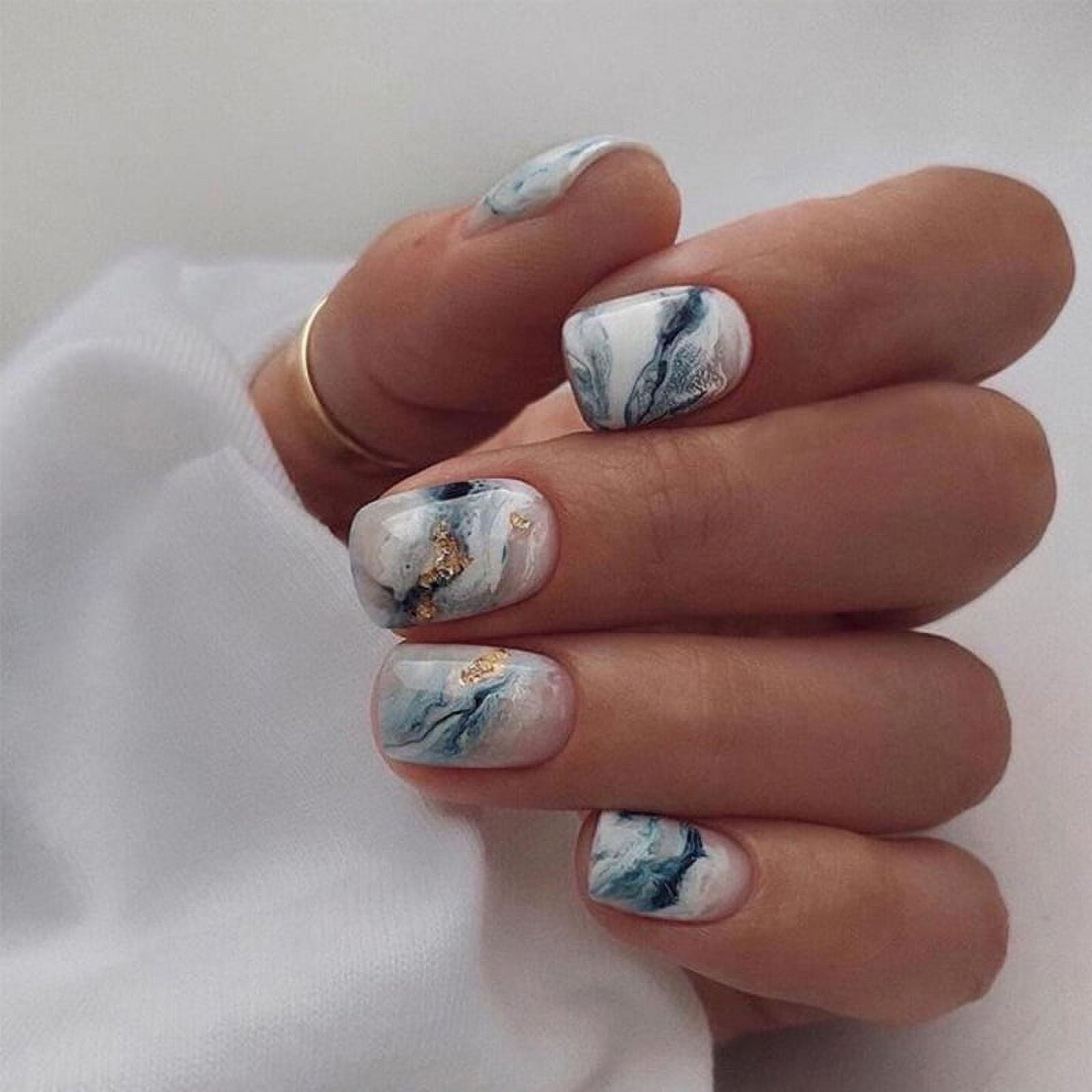 Wearing Nails Gray Smudged Nails Short Fake Nails Gold Foil Powder Nail ...