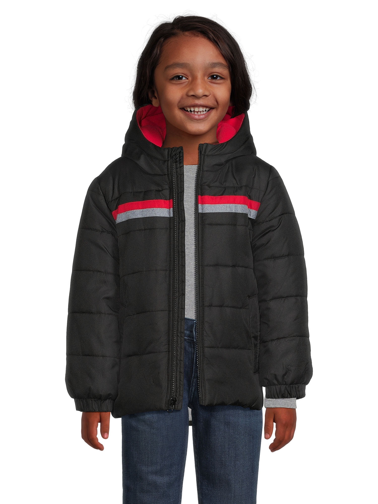Weather Tamer Boys Hooded Long Sleeve Chest Stripe Winter Puffer Coat ...