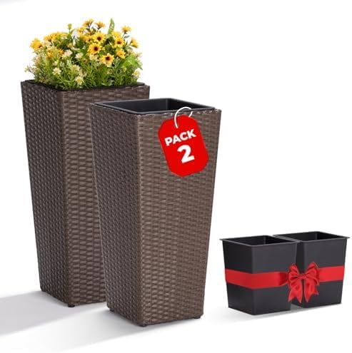 All Weather Wicker Planters for Outdoor Plants Set of 2, 24 inch Tall ...
