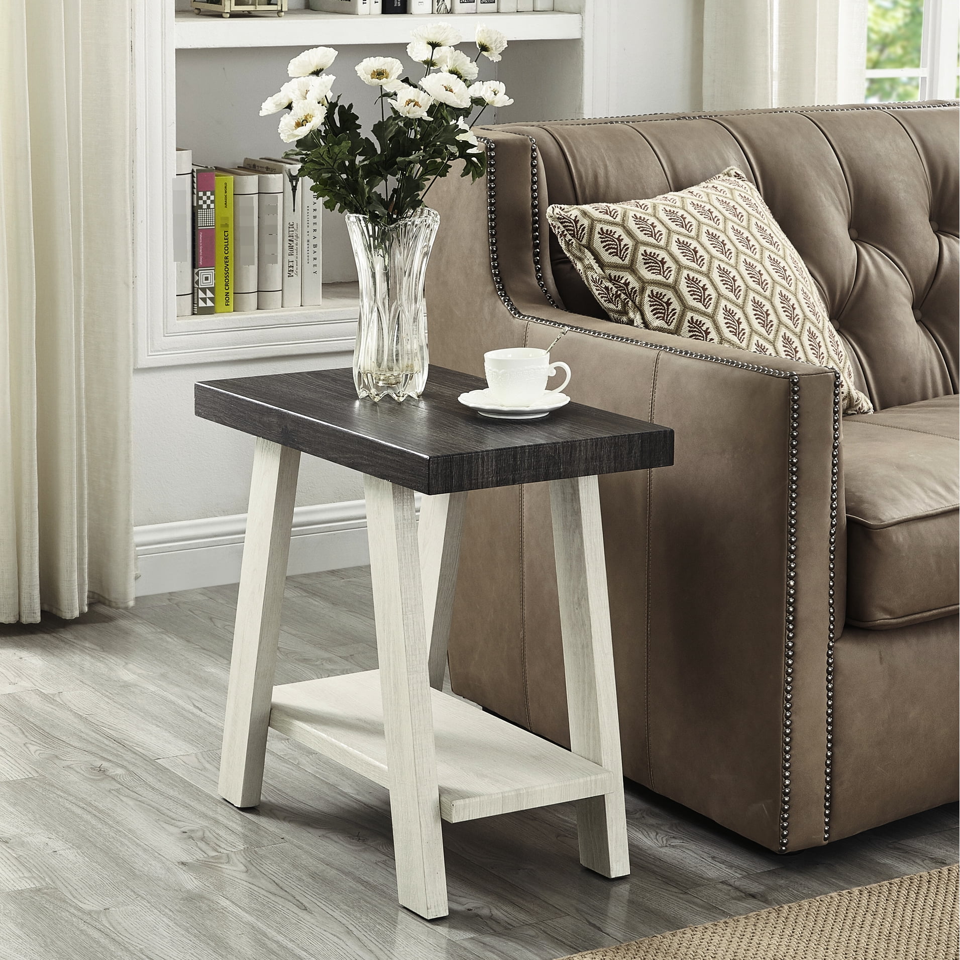 Weathered Charcoal And Beige Wood Table With Side Shelf - In Modern ...