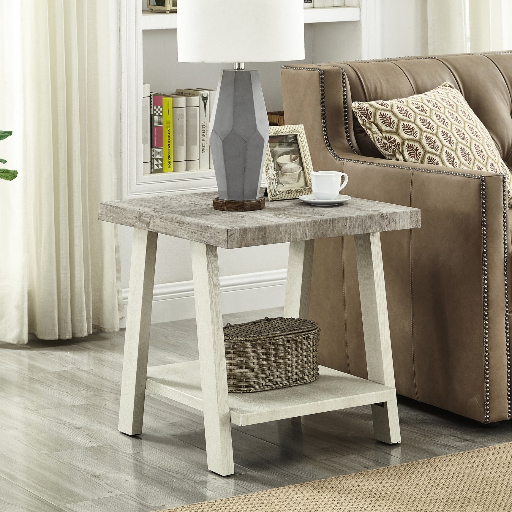 Weathered Gray Finish / Balcony or Patio / Two-Tone Wood Shelf Table ...