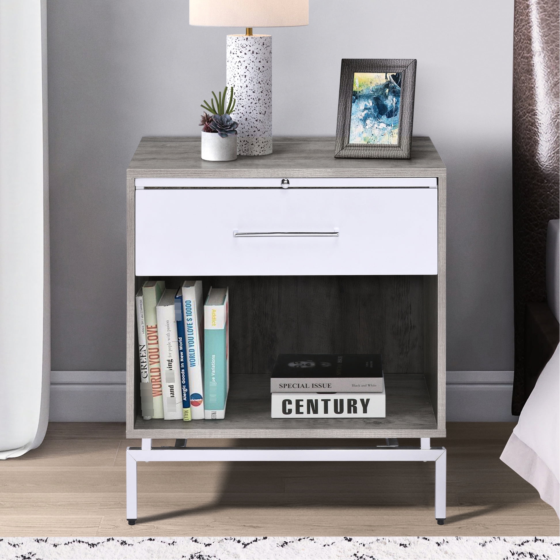 Weathered Grey Oak And White Accent Table With Drawer Open Compartment ...