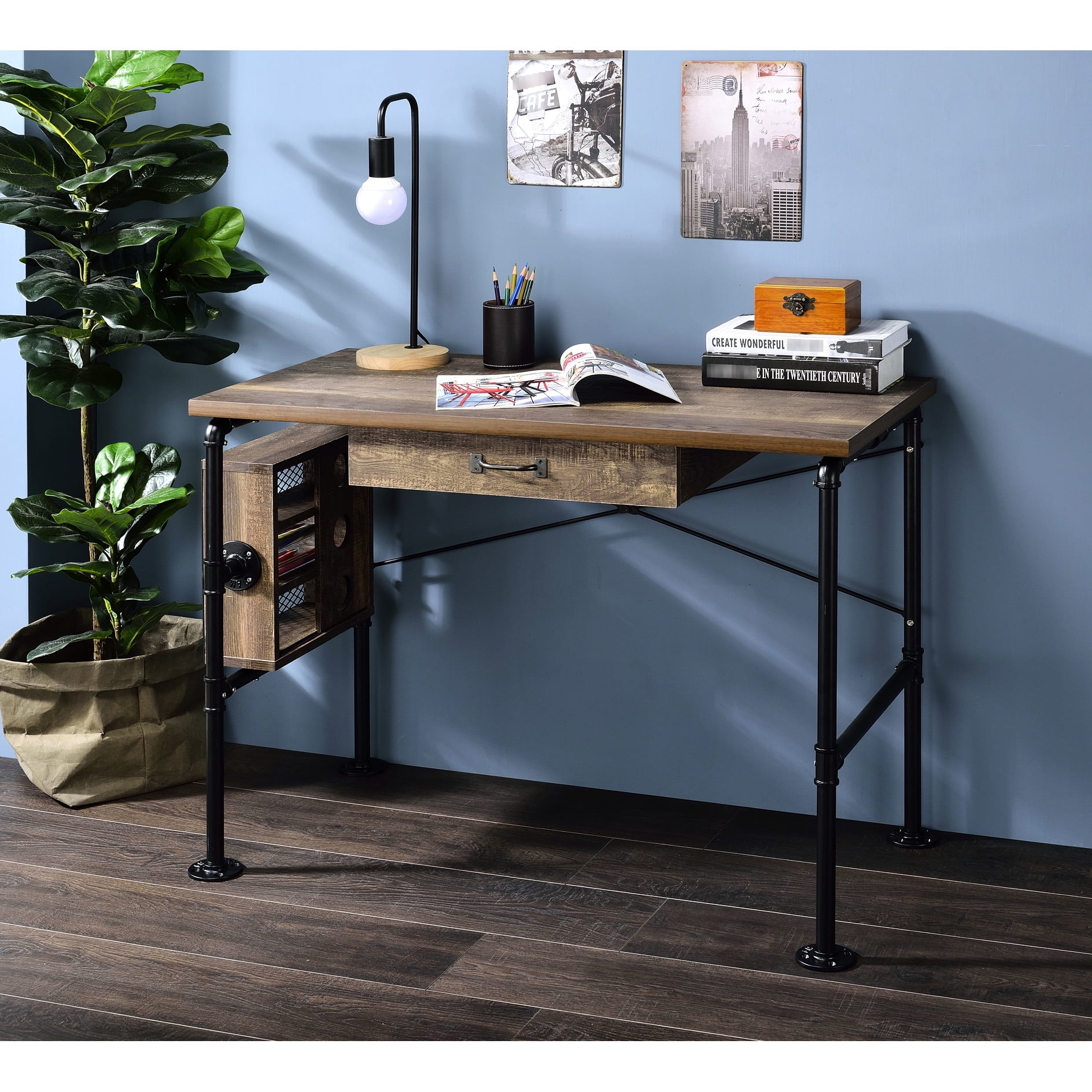 Weathered Oak & Black Work Desk With 1 Drawer And 3 Tier Shelf For ...