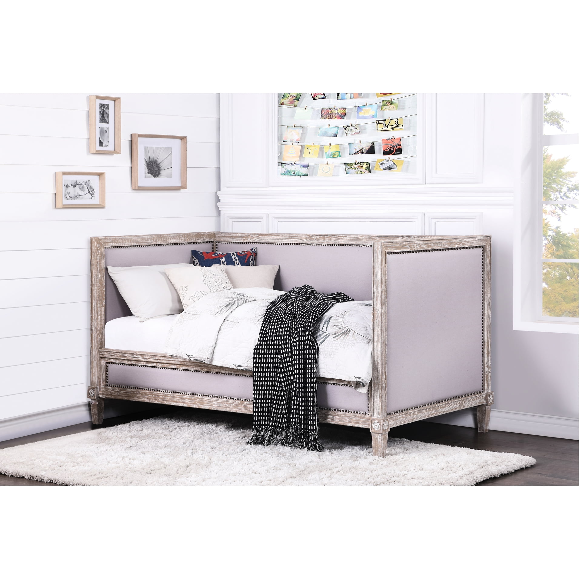 Weathered Oak Daybed For Twins With Linen Cover And Tapered Legs ...