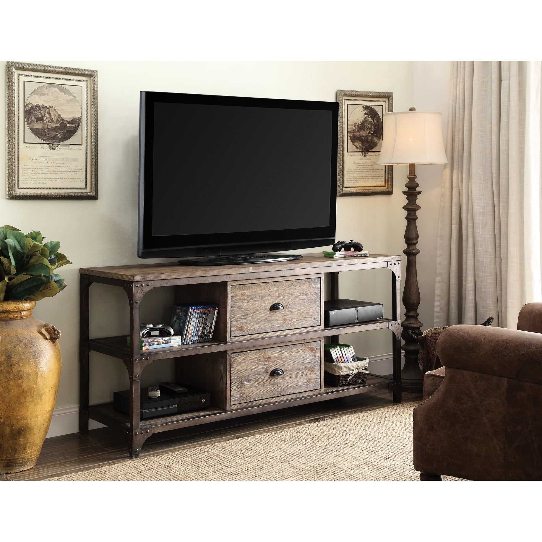 Weathered Oak Finish Tv Stand With Metal Frame, 2 Drawers And 4 Open ...