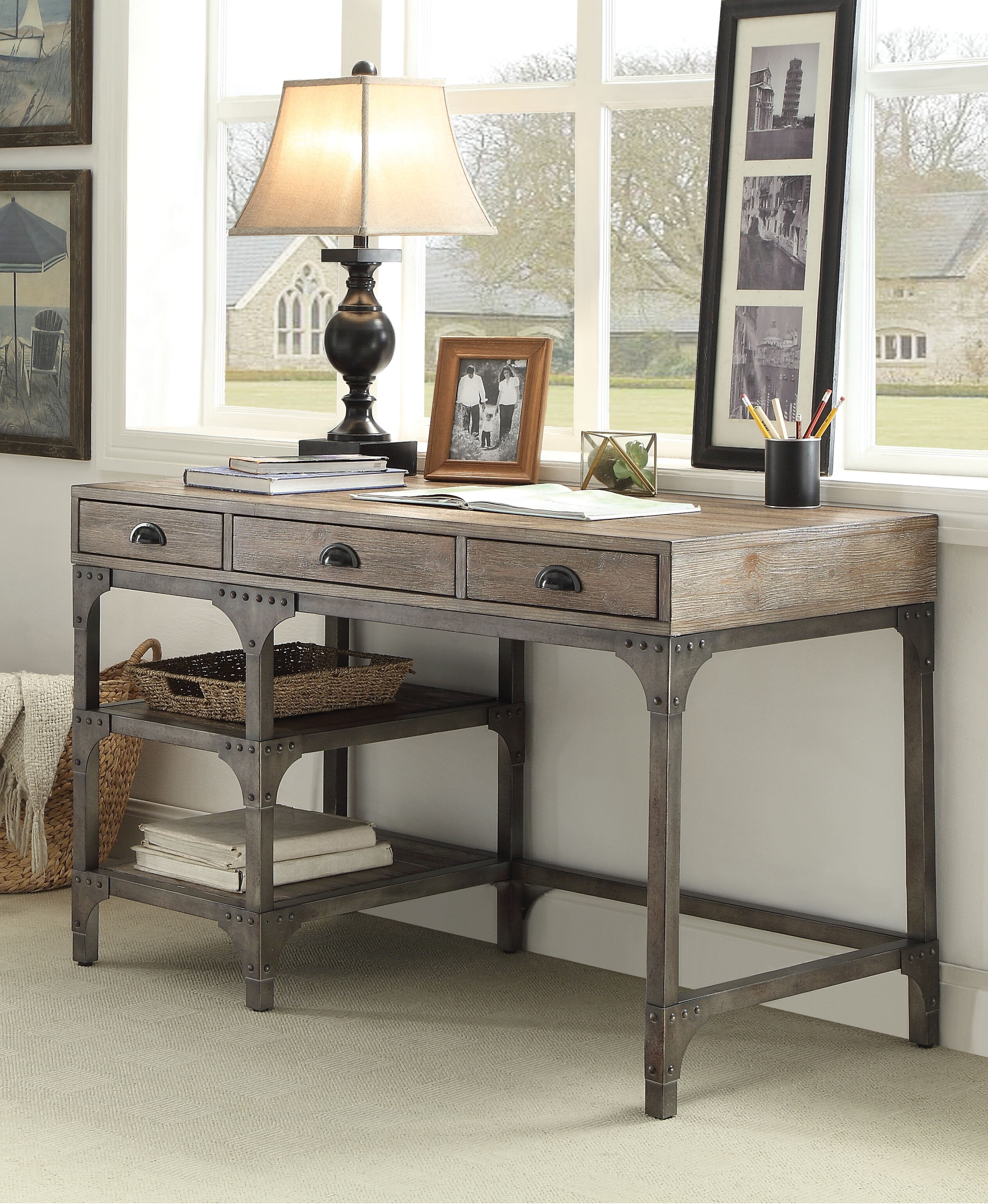 Weathered Oak and Antique Silver 3-Drawer Writing Desk,Oak+Silver Wood ...