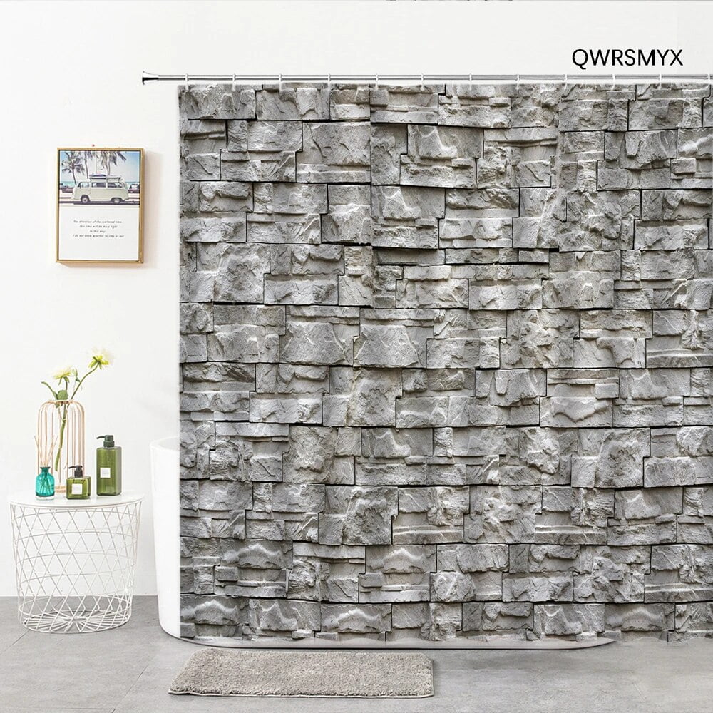 Weathered White Stone Wall Shower Curtains 3D Building Structure ...
