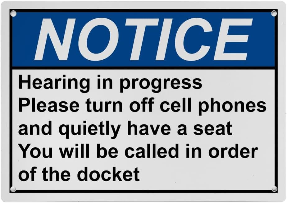 Weatherproof ANSI Phone Rules Sign (Hearing in progress Please turn off ...