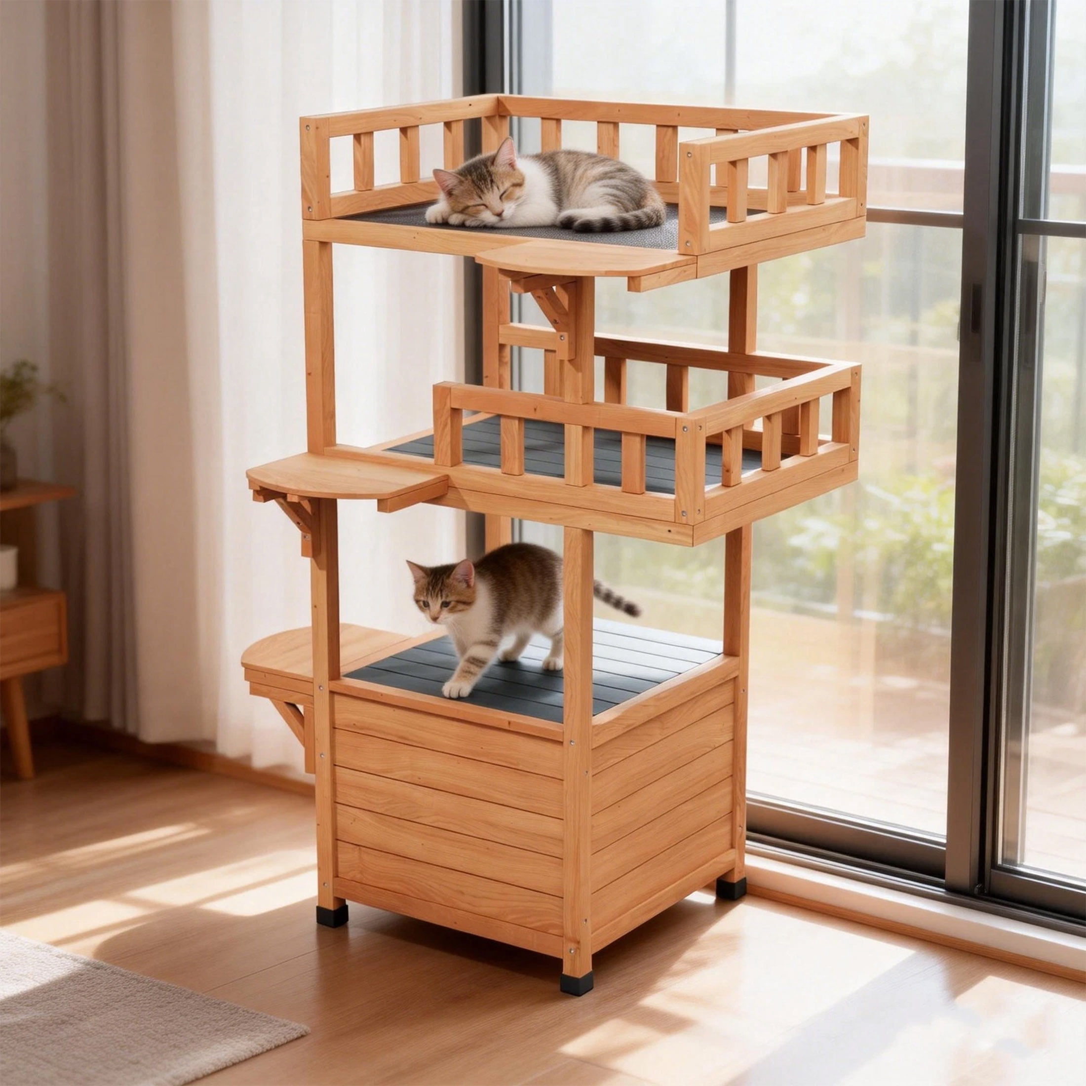 Weatherproof Cat House with 2 Escape Doors and Dual Fenced Balconies ...