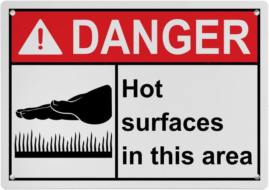 Weatherproof Horizontal ANSI Hot Burn Sign (Hot surfaces in this area ...