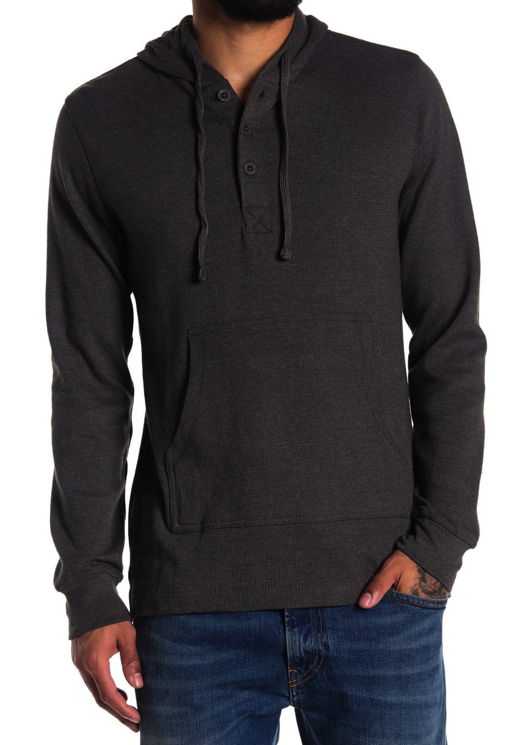 Weatherproof Mens Sweater Sz Waffle Knit Thermal Hooded Henley Black ...