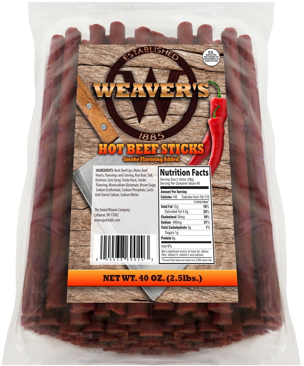 Weavers Hot Beef Sticks 80 Hot and Spicy 6.5 Inch Beef Sticks per 40oz ...