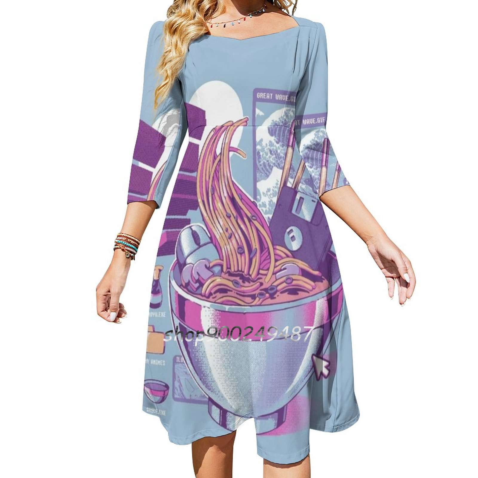 Web Ramen Flare Dress Square Neck Dress Elegant Female Fashion Printed ...
