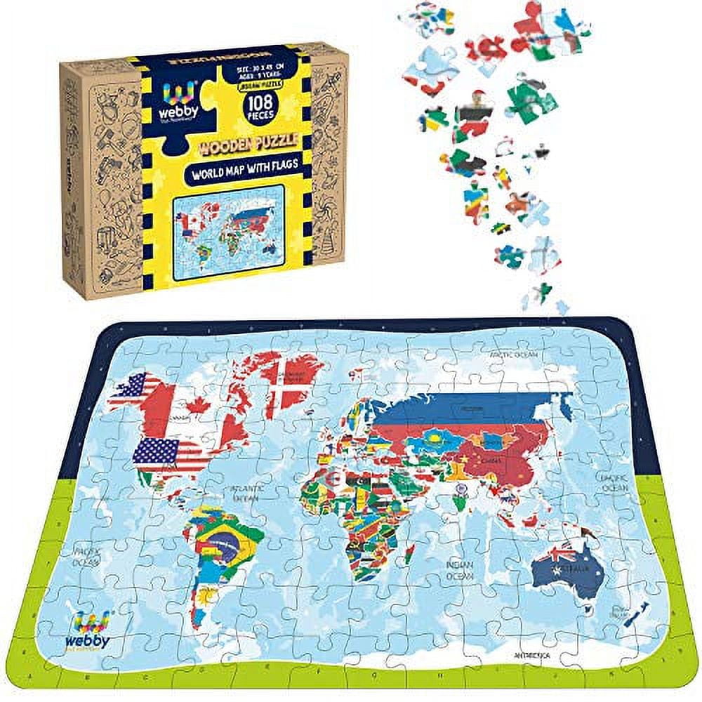 Webby World Map with Flags Wooden Jigsaw Bright Colors Puzzle, 108 ...