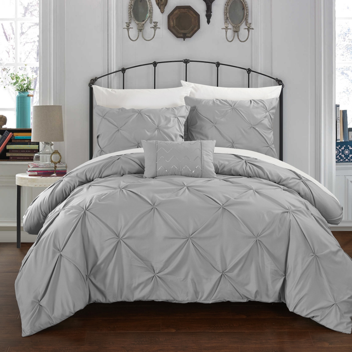 Weber 8 Piece Duvet Cover Set Pinch Pleat Ruffled Design Embellished ...