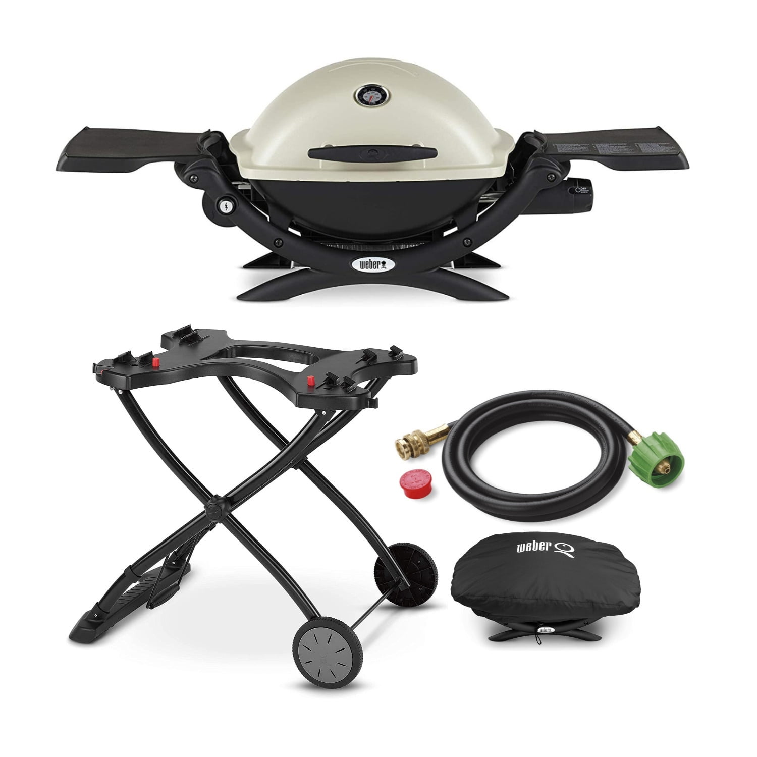 Weber Q1200 Liquid Propane Grill (Titanium) with Portable Cart, Adapter ...