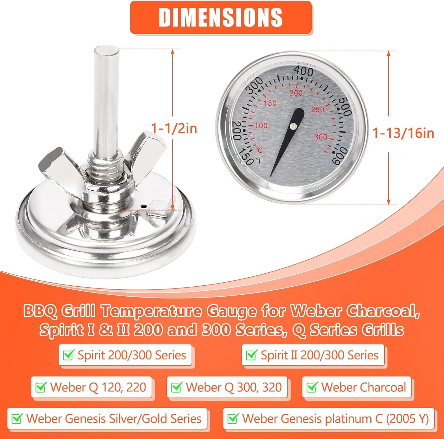 Weber Spirit & Q Series Compatible Grill Thermometer Replacement, 1-13/ ...