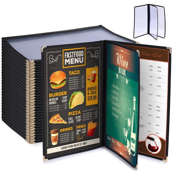 WeChef 30 Pack 14x8.5 Menu Covers, 3 Pages 6 Views, Black Leatherette ...