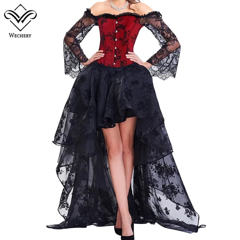 Wechery Women Steampunk Corset Sets Sexy Long Sleeve Lace Corselet ...