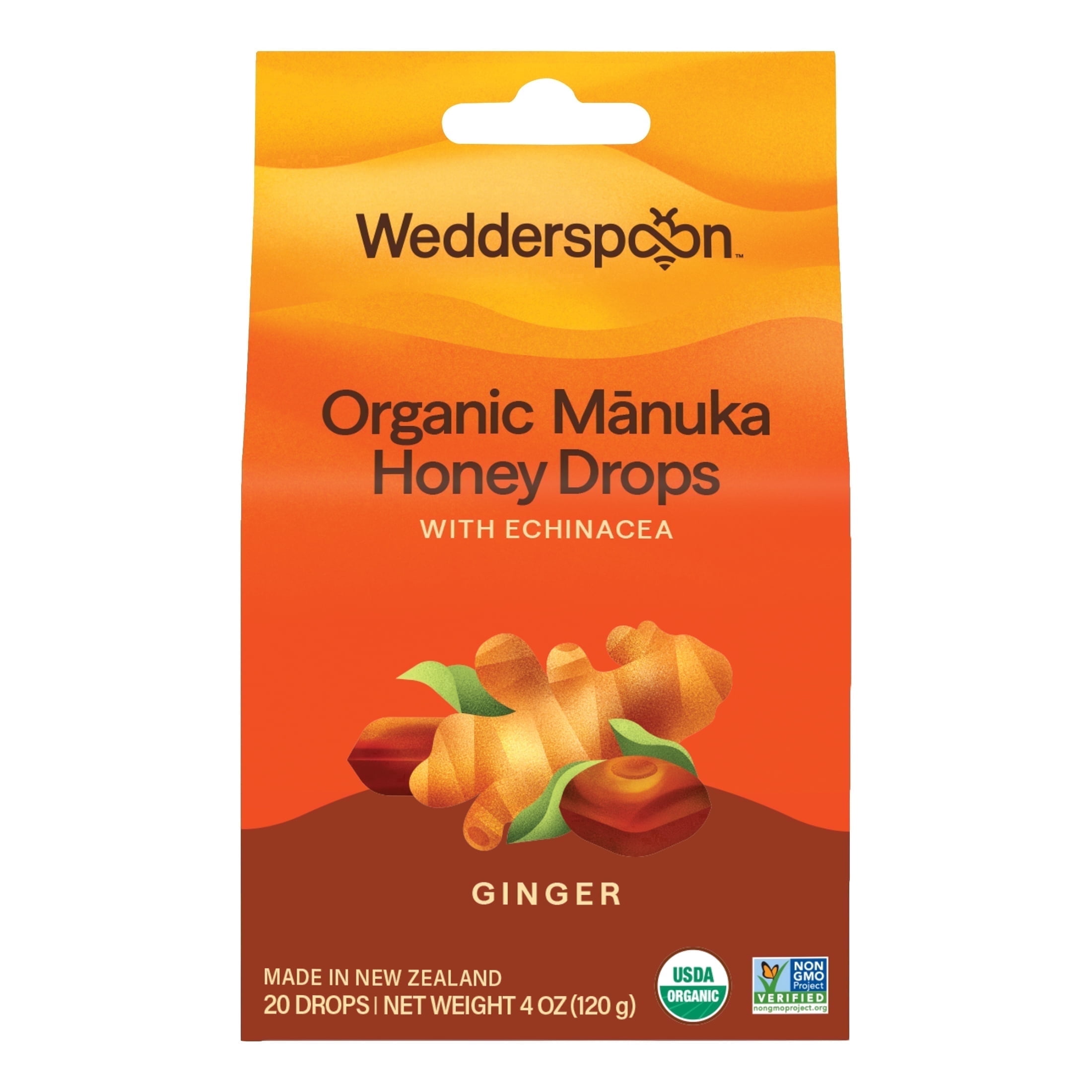 Wedderspoon Organic Manuka Honey Drops with Ginger, Throat Soothing, 20 ...