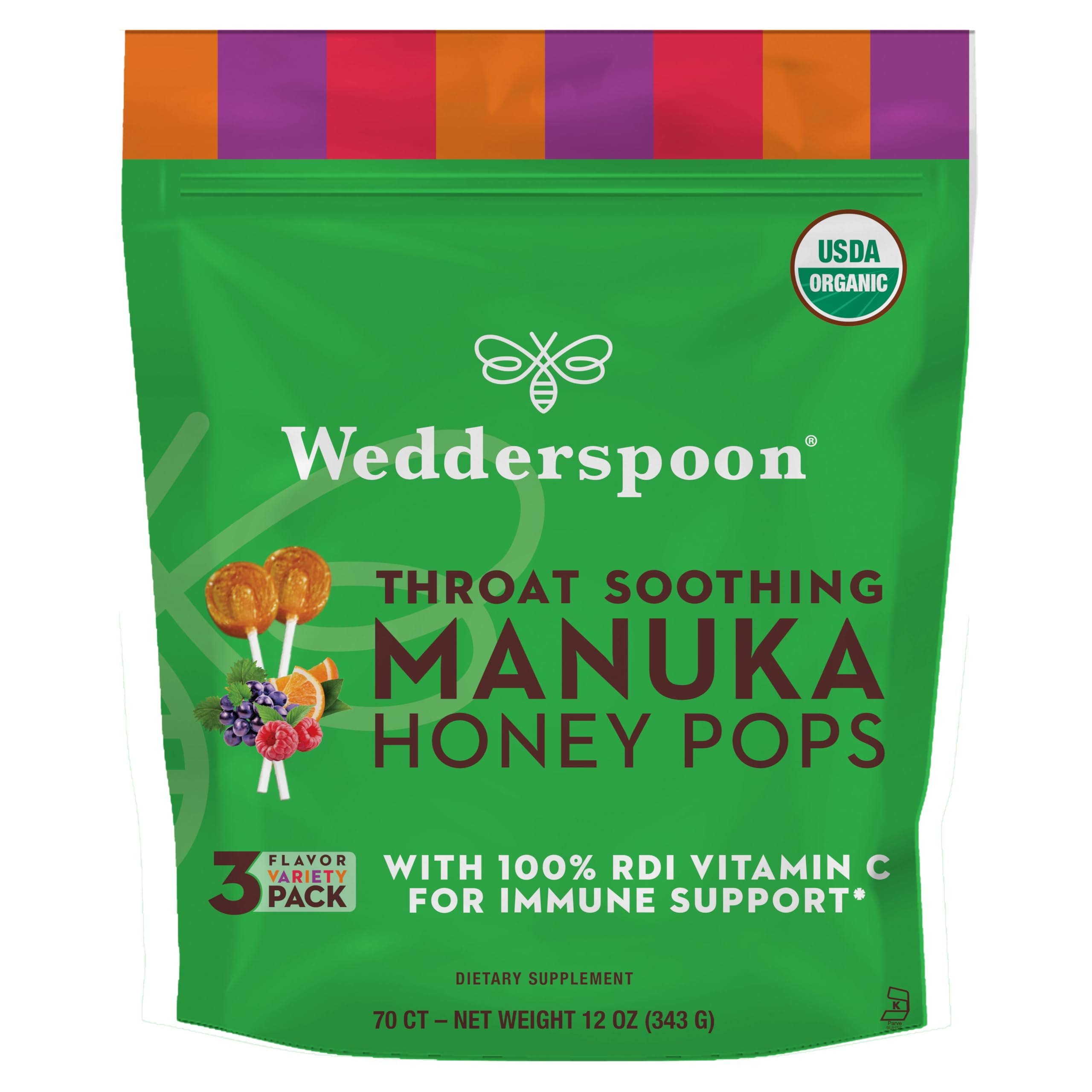 Wedderspoon Organic Manuka Honey KEF28 Lollipops, Variety Pack, 70 ...