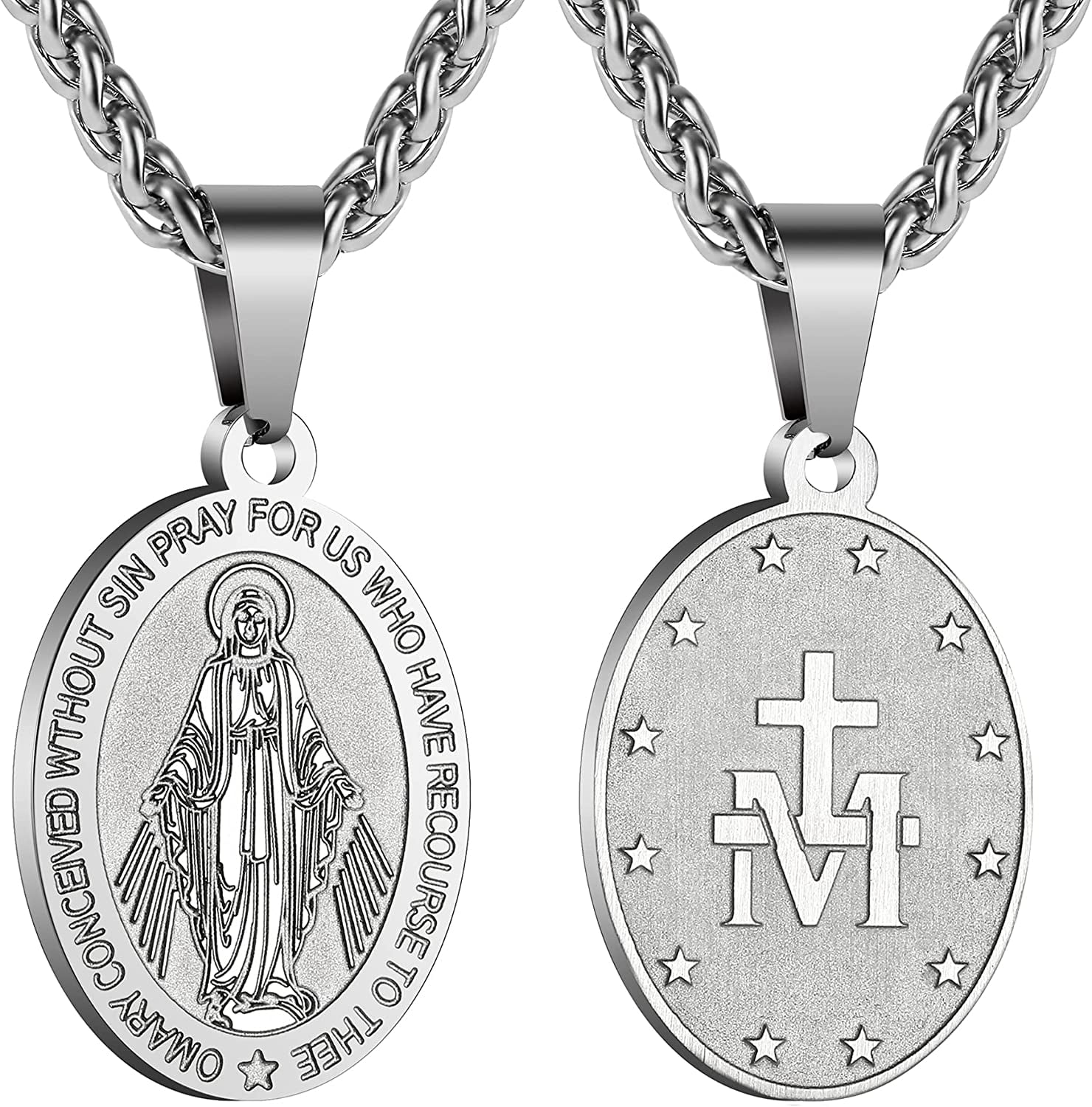 Weddinen Silver 24in Virgin Mary Necklace for Men Miraculous Medal ...