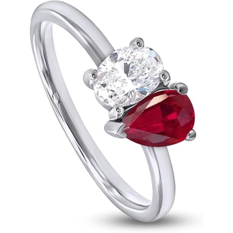 Wedding 925 Sterling Silver 14K White Gold Plating Pear Shape Ruby & Oval Cut White Diamond Toi ...