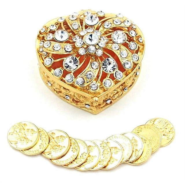 Wedding Arras Set with Heart-Shaped Crystal Box and Decorative Coins ...