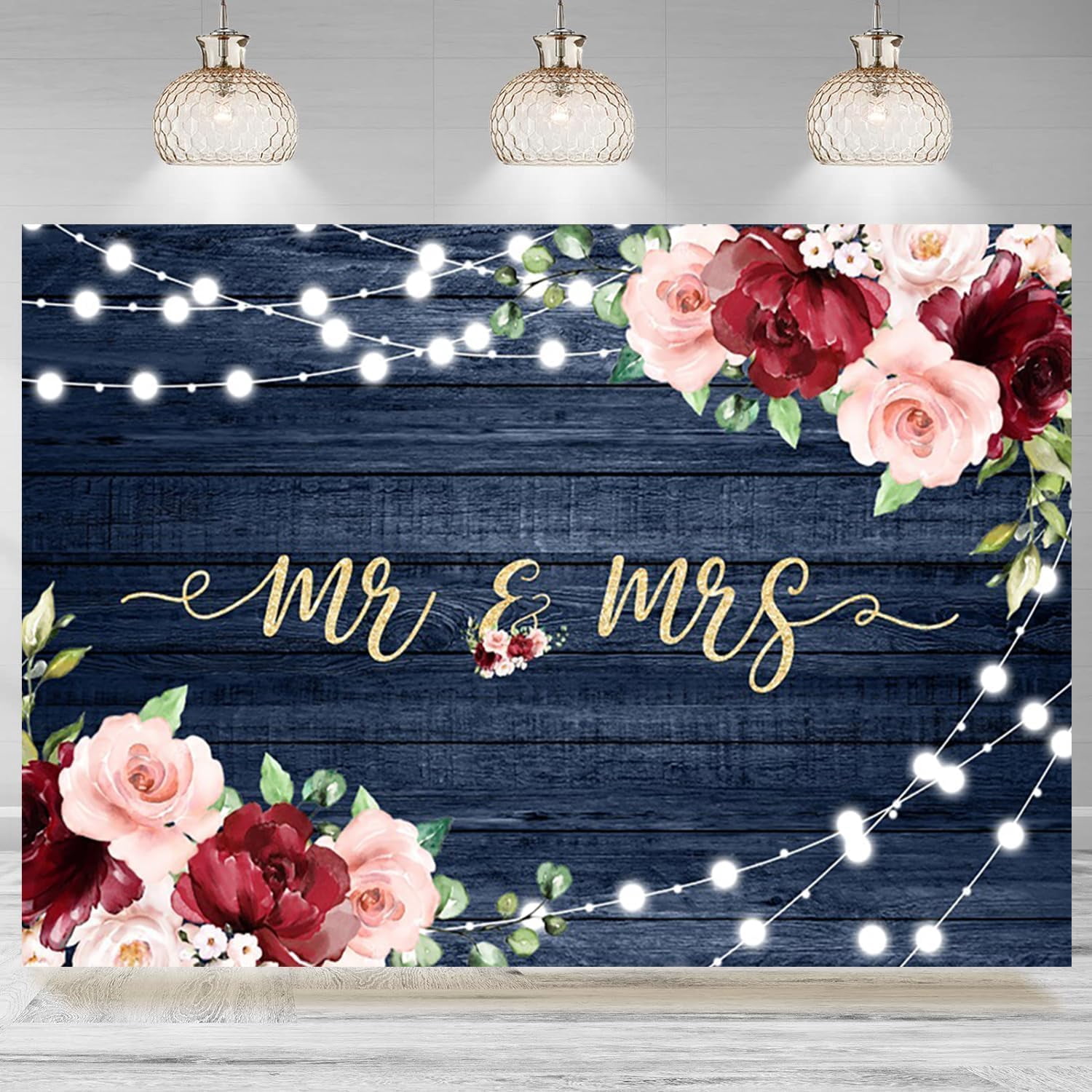 Wedding Backdrop Mr and Mrs Navy Rustic Wooden Board Flowers Green ...