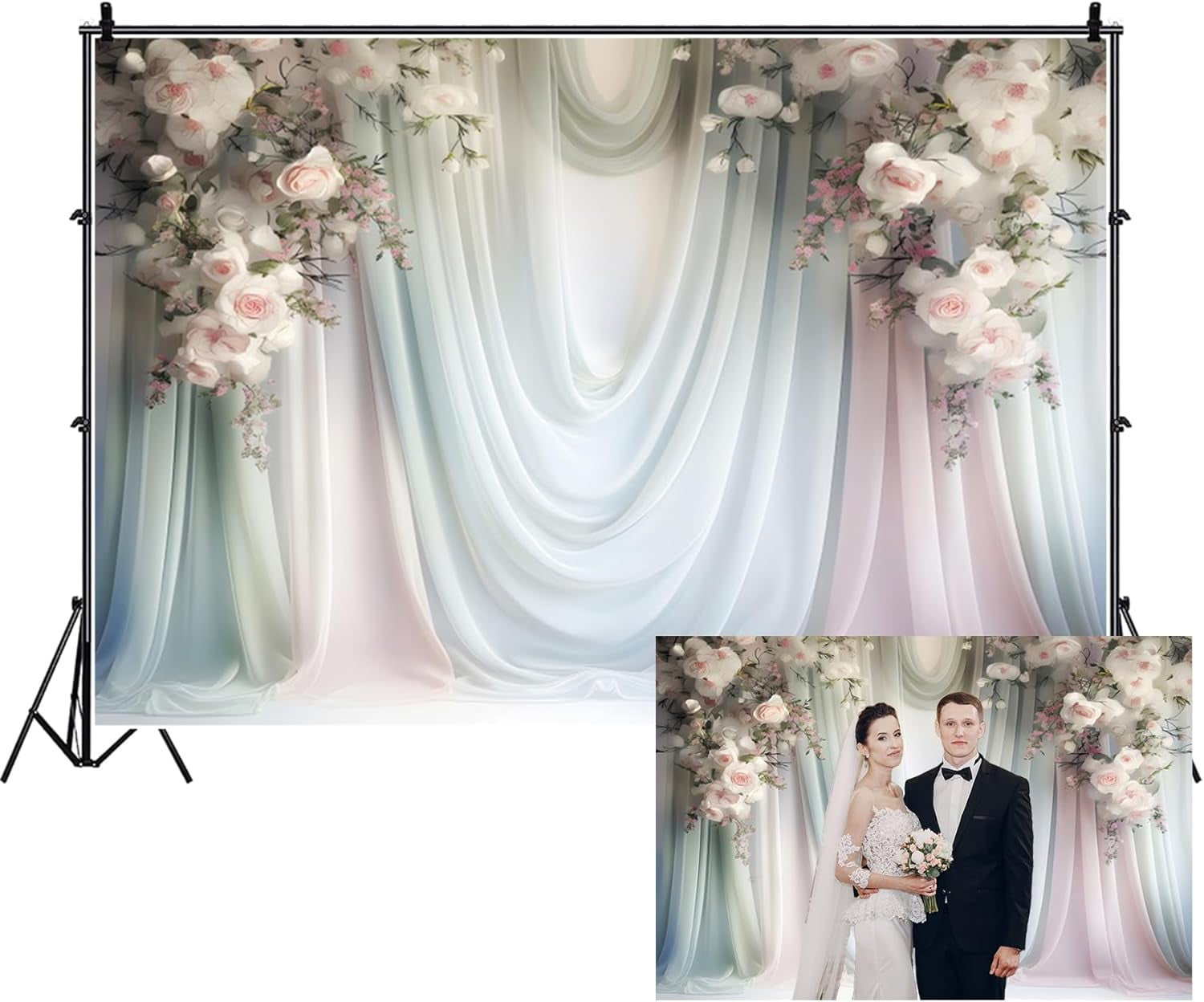 Wedding Backdrop Pink White Roses Rustic Flora Fantasy Pink Blue Silk Curtains Photo Background ...