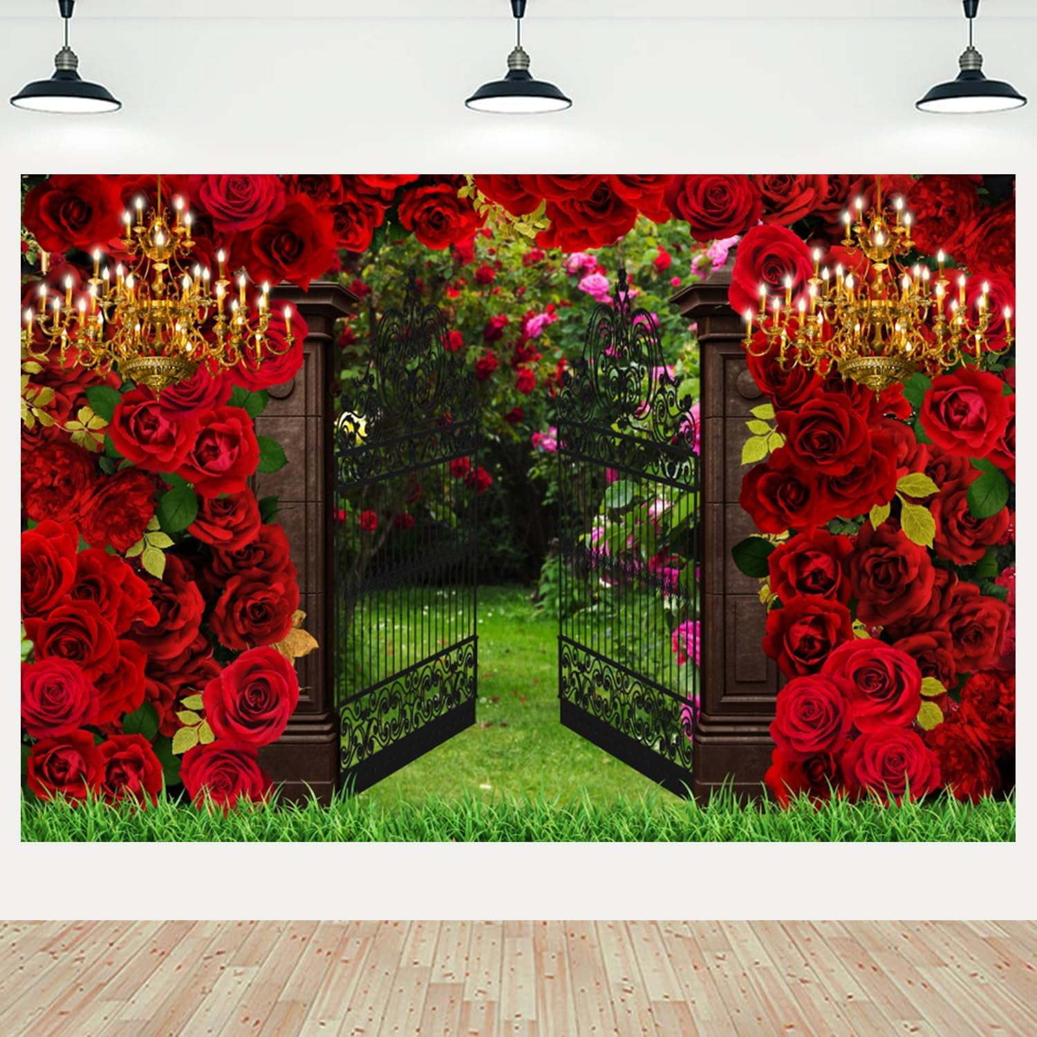 Wedding Backdrop Red Rose Door Photography Background Green Lawn ...