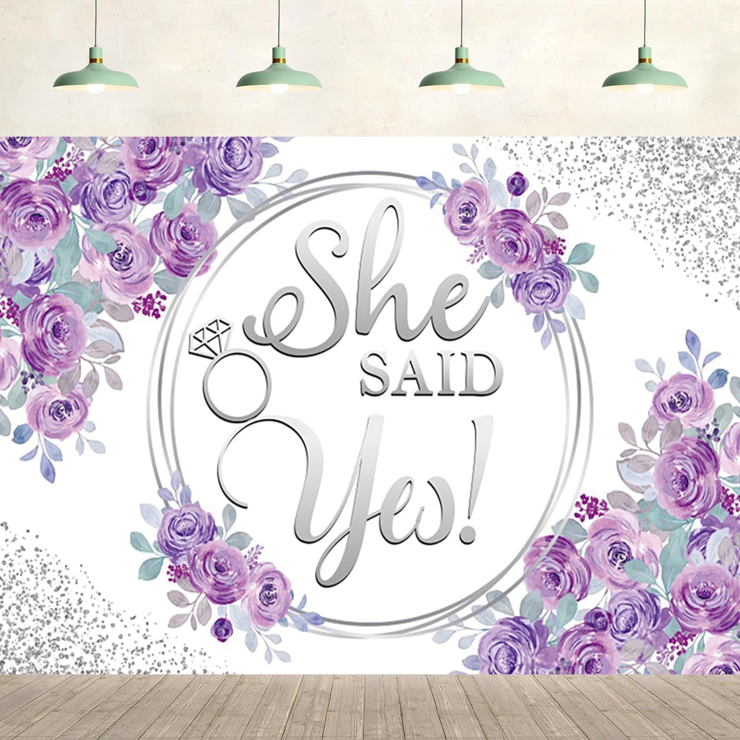 Wedding Backdrop She Said Yes Purple Flowers Diamond Ring Bridal ...