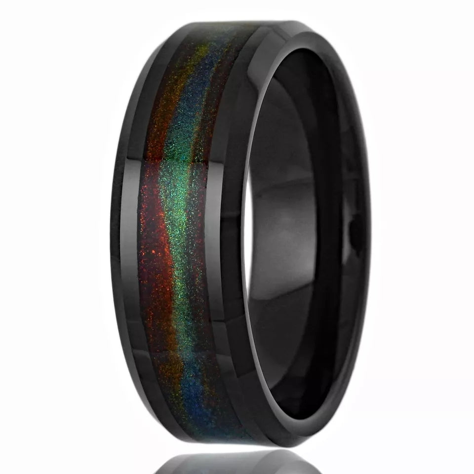 Wedding Band Ring Black Tungsten Carbide Green & Red Flowing Sand Ring ...