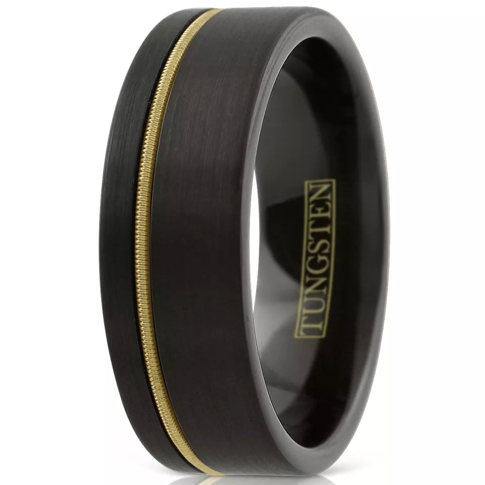 Wedding Band Rings Tungsten Carbide Black Brushed Offset Guitar String ...