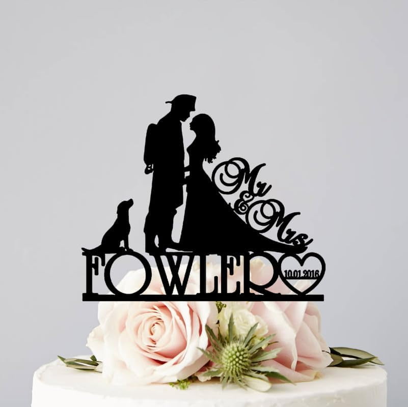 Wedding Cake Topper Custom With Surname Date And Dog Fireman Wedding ...
