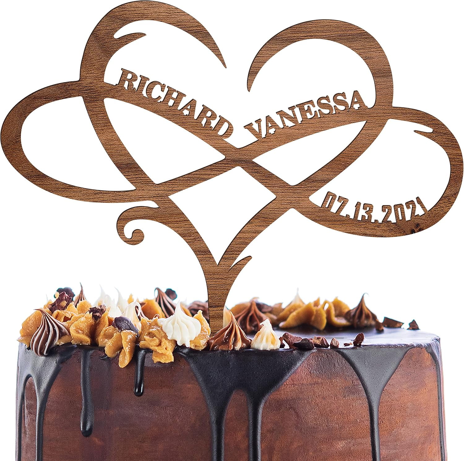 Wedding Cake Topper with Names & Date, 3 Wooden Colors, Heart and ...