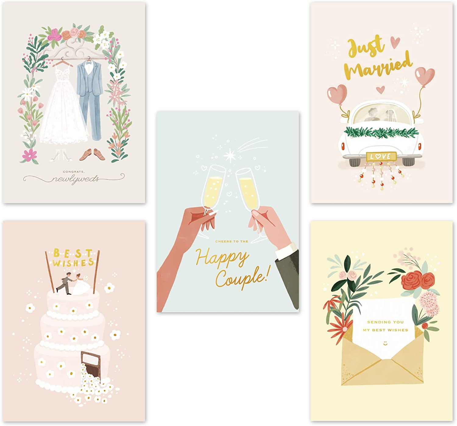 10 Pack Wedding Cards with Envelopes, 5”x7”, Assorted Designs, Gold ...