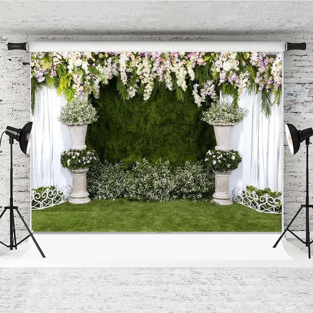 Wedding Ceremony Backdrop Floral Grass White Curtain Green Ivy Wall ...
