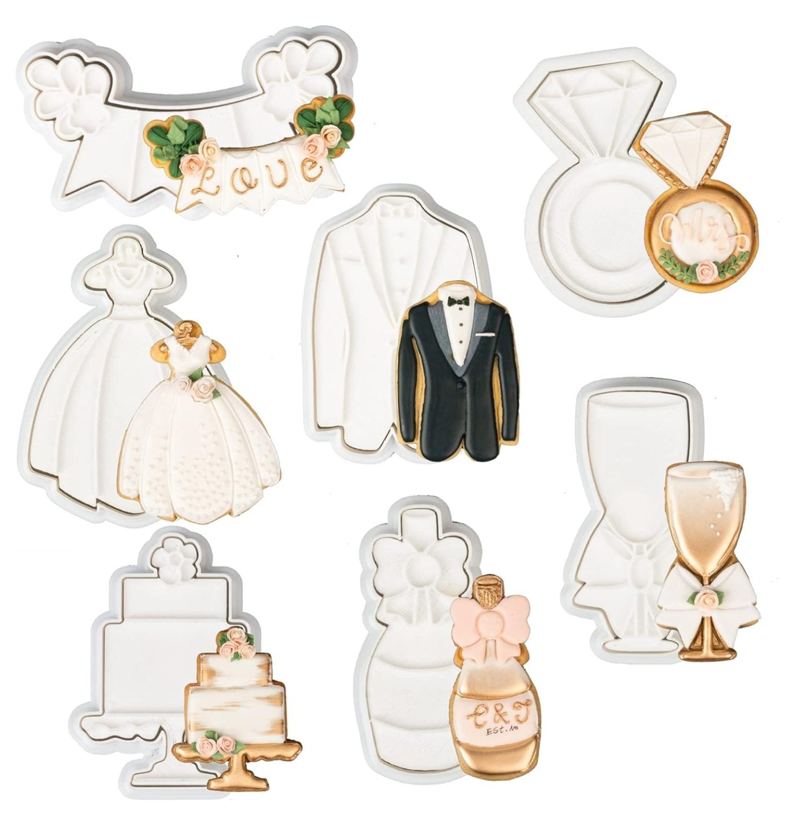 Wedding Cookie Cutters Set of 7 with Plunger PLA Kitchen Cake Baking ...