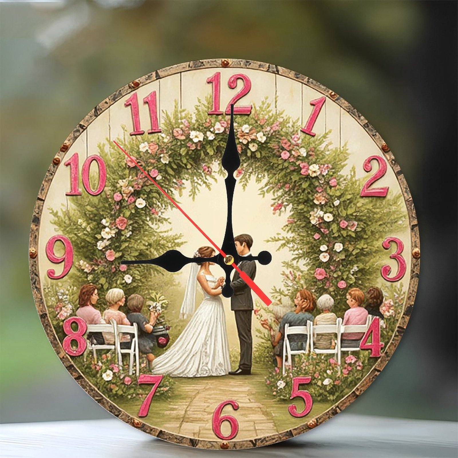 Wedding Couple Floral Garden Wall Clock 10-Inch Silent Wooden Wall ...