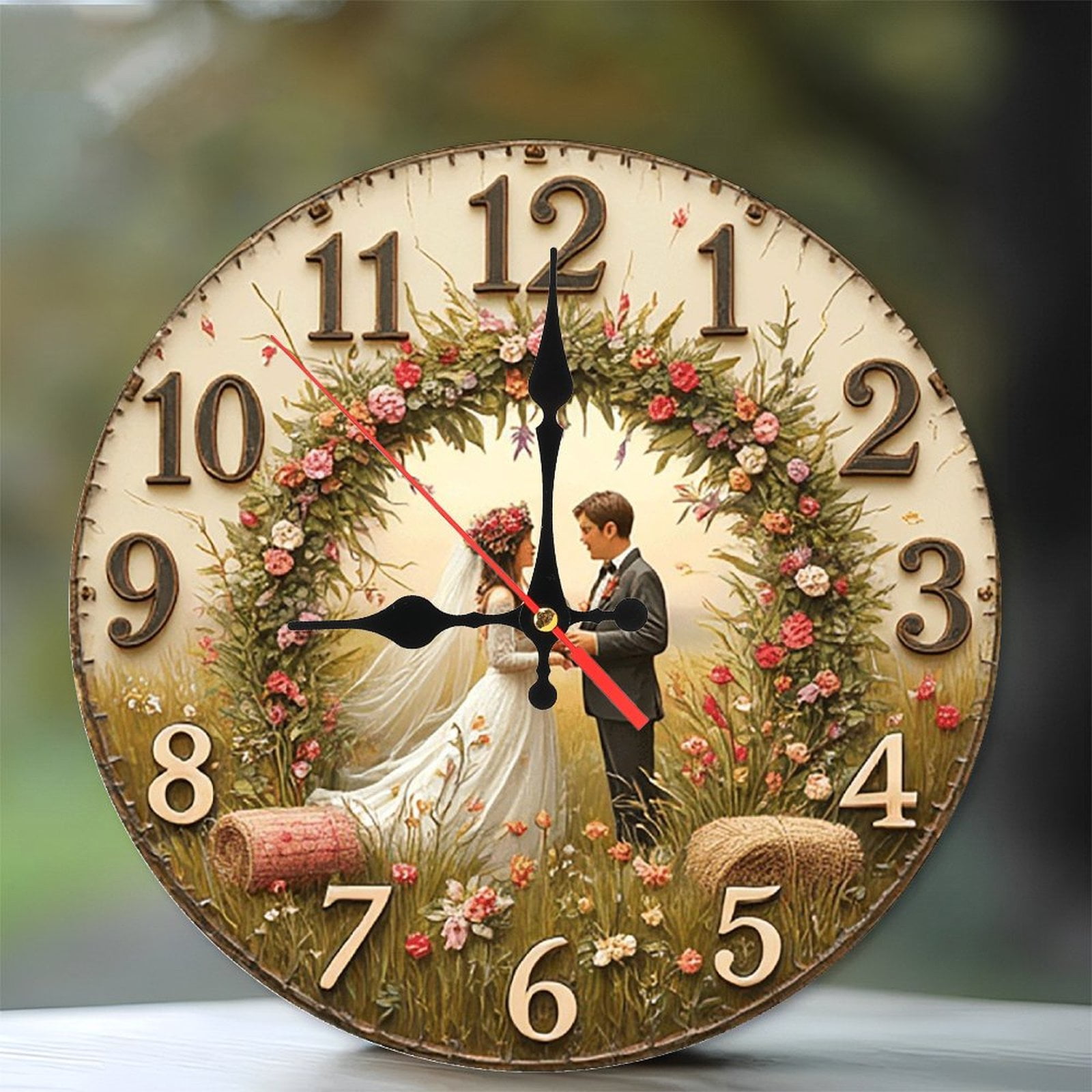 Wedding Couple Romantic Floral Wall Clock 10-Inch Silent Wooden Wall ...